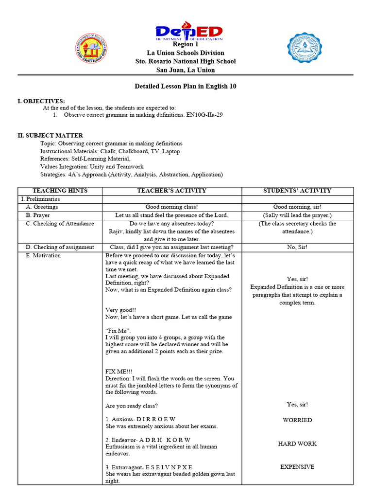 4a's Detailed Lesson Plan | PDF | Verb | Semantic Units