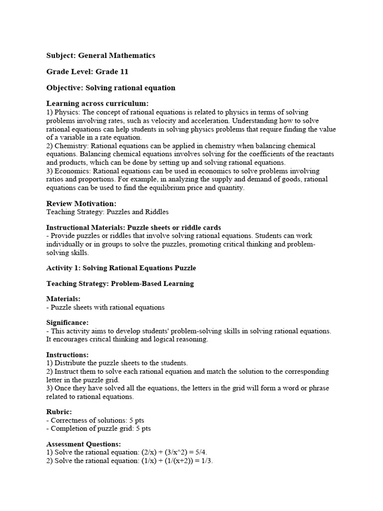 Lesson - Plan (Rational Equation) CO1 | PDF | Equations | Inquiry Based ...