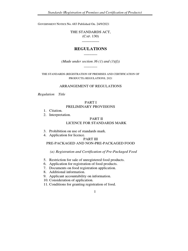 The Standards (Registration of Premises and Certification of Products ...