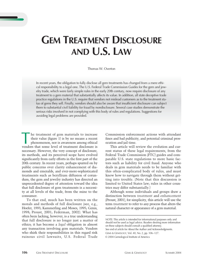 Summer 2004 Gems Gemology Treatment Disclosure US Law | PDF | Federal Trade Commission ...