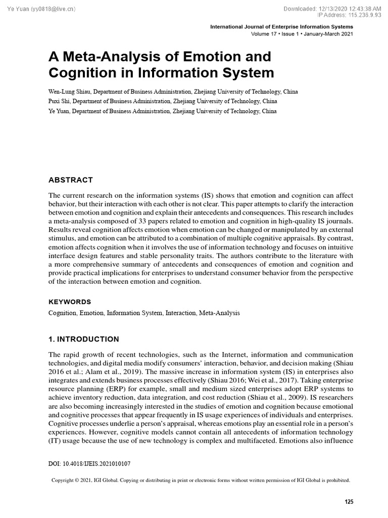 A Meta-Analysis of Emotion and Cognition in Information System | PDF ...