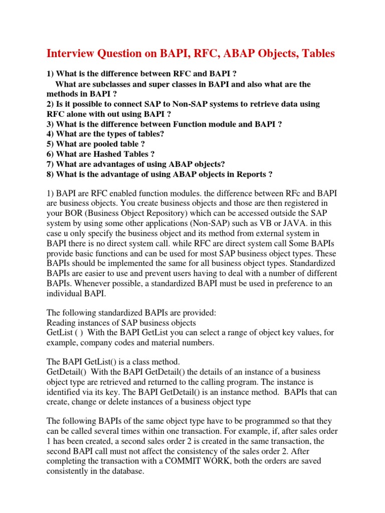Interview Qs on BAPI, RFC, ABAP Objects & Tables | PDF | Object (Computer Science) | Computer Data