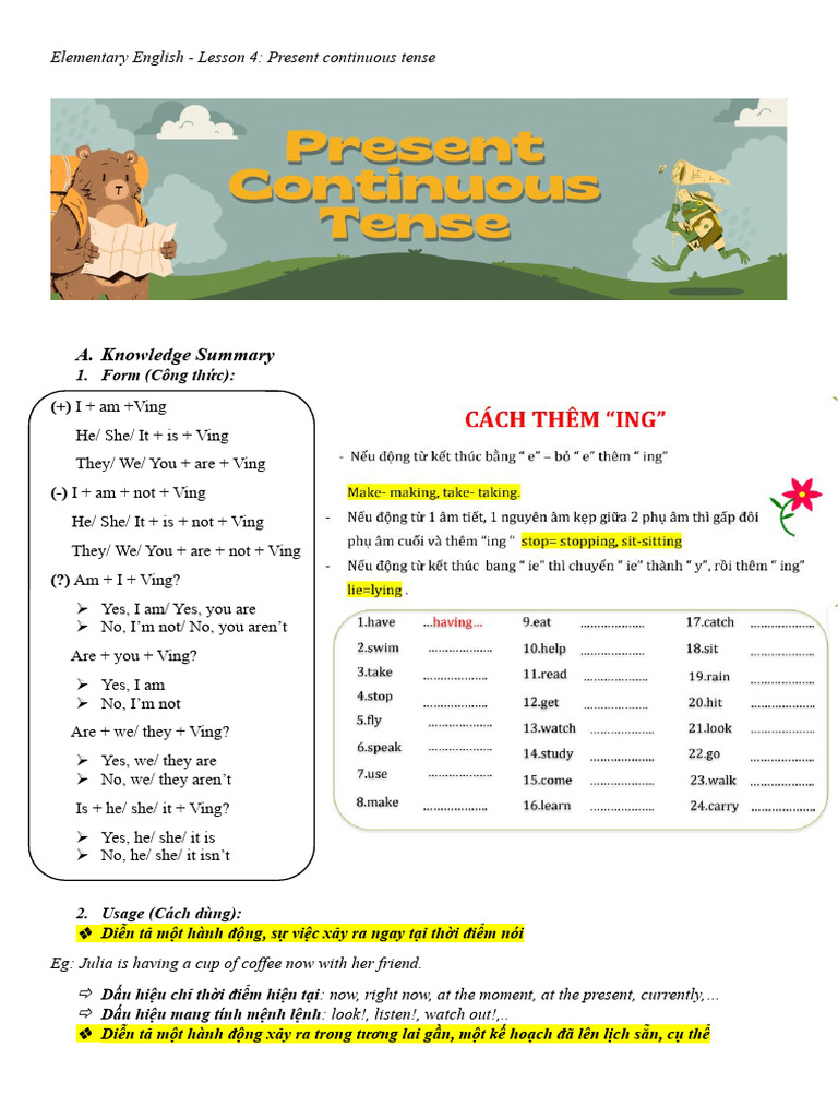 Elementary English - Lesson 4 - Present Continuous Tense | PDF | Semantic Units | Linguistic ...