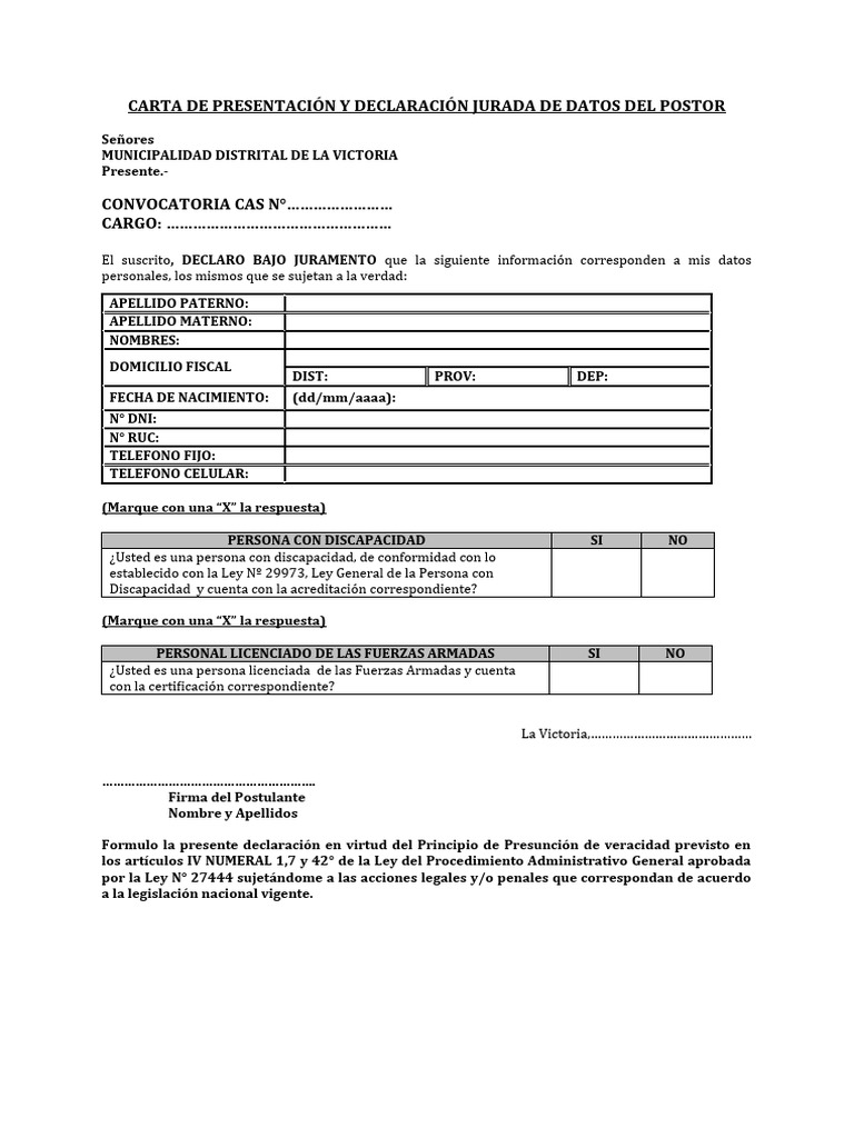Carta de Presentación y Declaración Jurada de Datos Del Postor | PDF | Documento de identidad ...