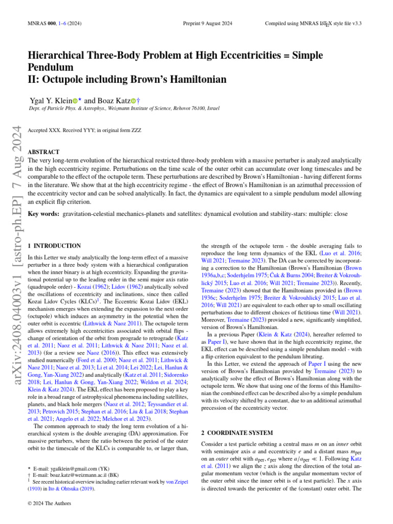 Hierarchical Three-Body Problem at High Eccentricities Simple Pendulum ...