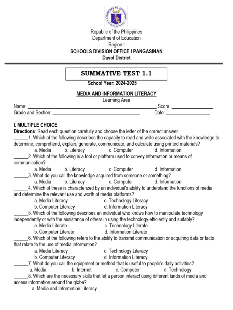Summative Test 1.1 - Mil2 | PDF | Information | Literacy