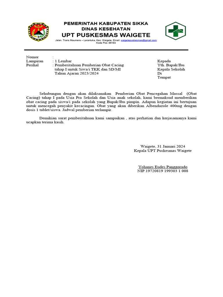 Surat Pemberitahuan Pembagian Obat Cacing Di Sekolah | PDF