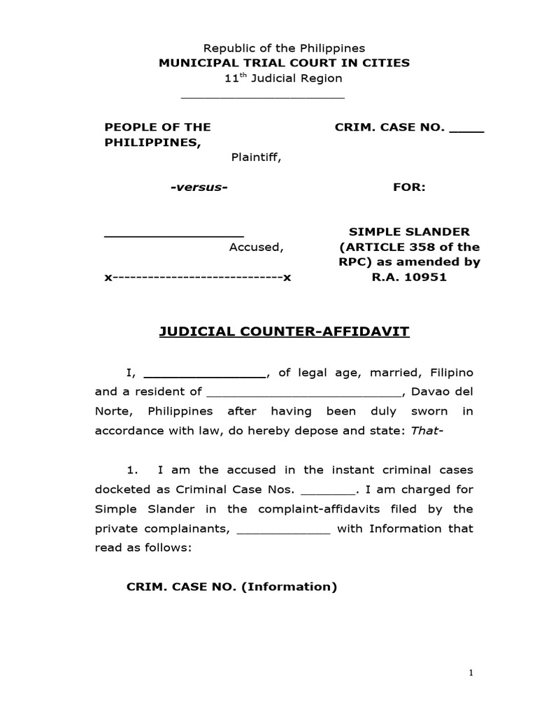 Judicial Counter-Affidavit: Slander Case | PDF | Defamation | Justice