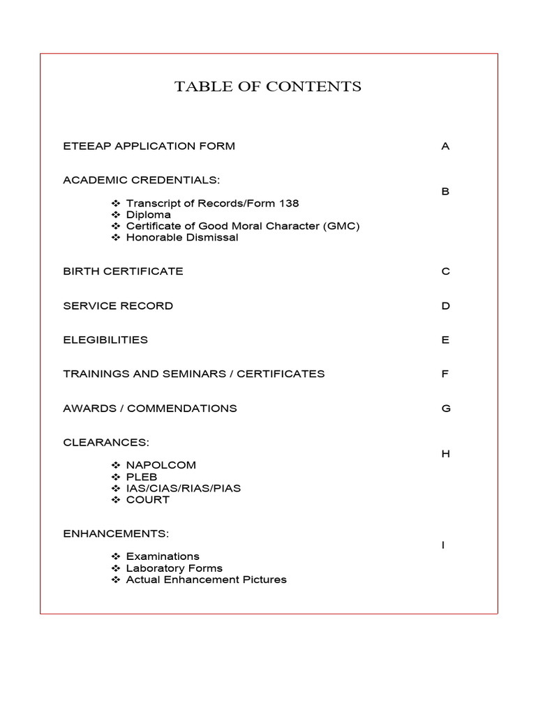 ETEEAP Application Table of Contents | PDF