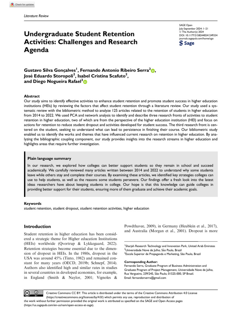 Undergraduate Student Retention Literature Review 2014 2022 | PDF ...