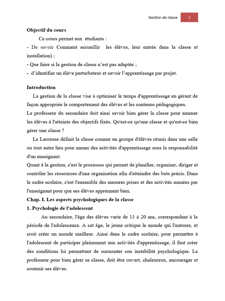 Optimiser la Gestion de Classe au Secondaire | PDF | Pédagogie ...