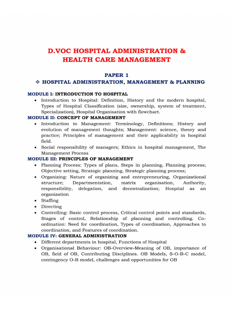 Hospital Administration - Syllabus | PDF