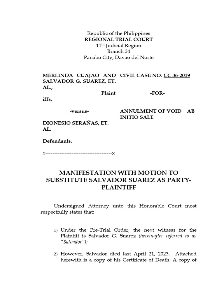 Motion For Substitution of Witness (Suarez) | PDF | Justice | Crime ...