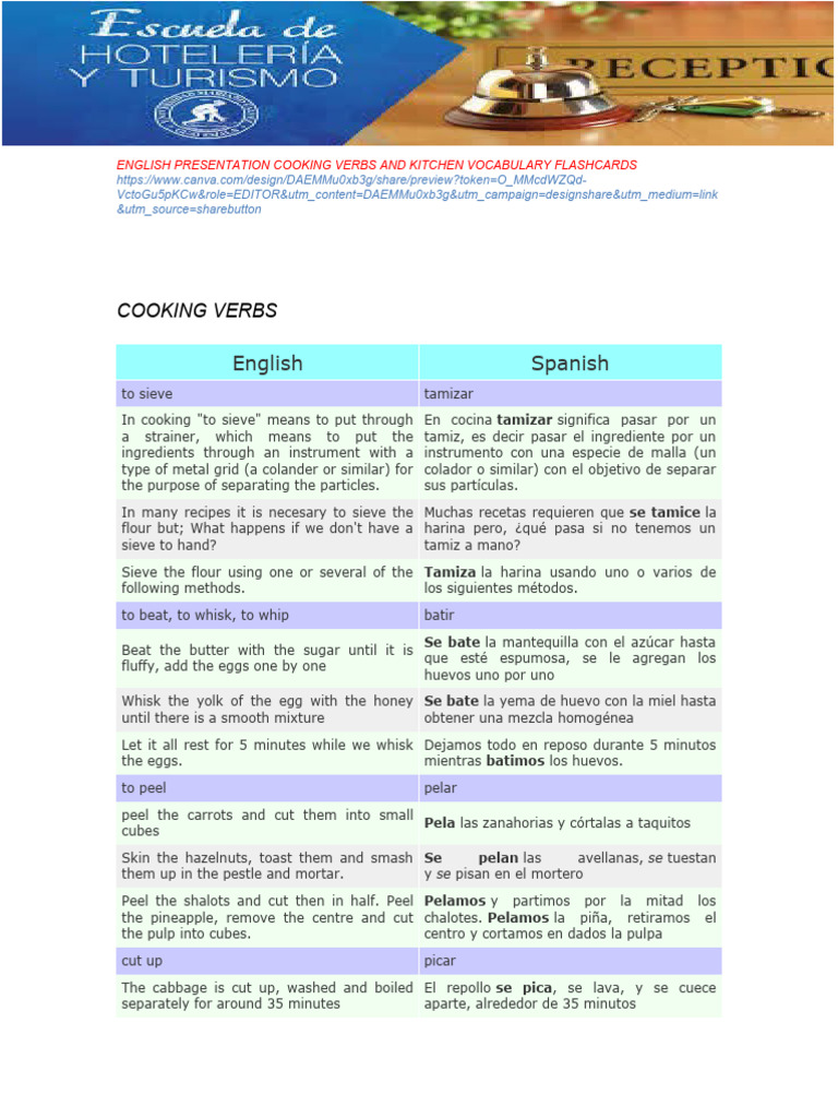 Cooking Verbs and Kitchen Vocabulary | PDF | Alimentos | Cocinando
