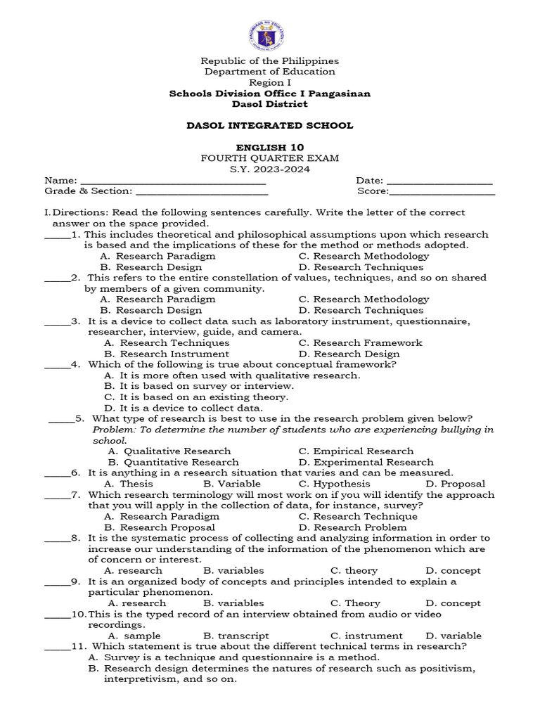 ENGLISH-10-Q4-2023-2024 | PDF | Methodology | Hypothesis