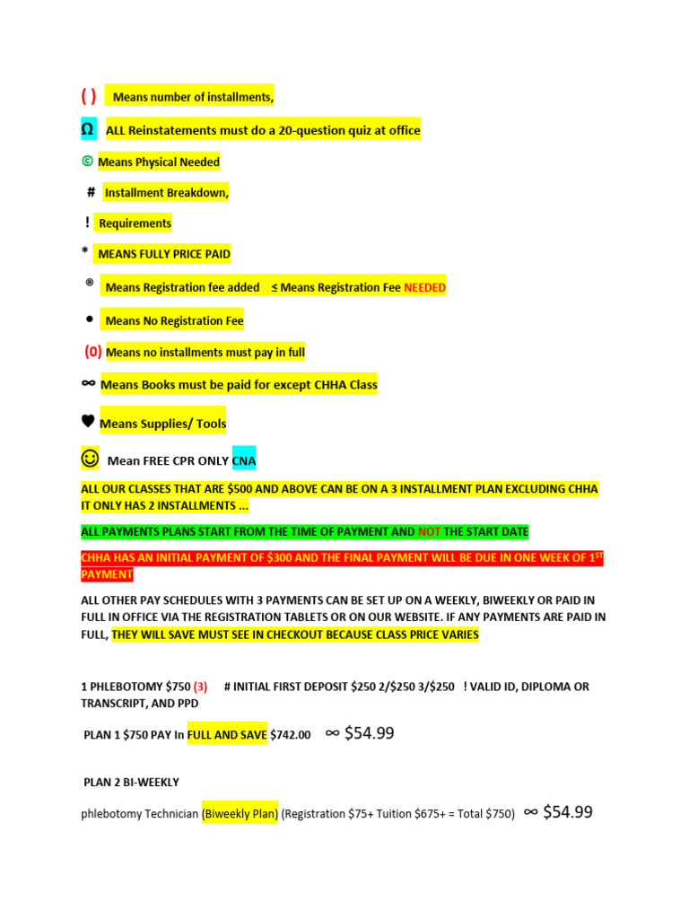 Class Price& Installments | PDF | Health Care