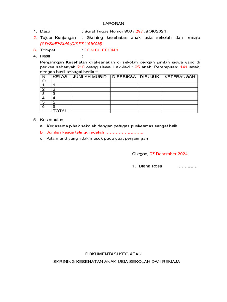 Laporan Penjaringan Kesehatan SD Simpel | PDF