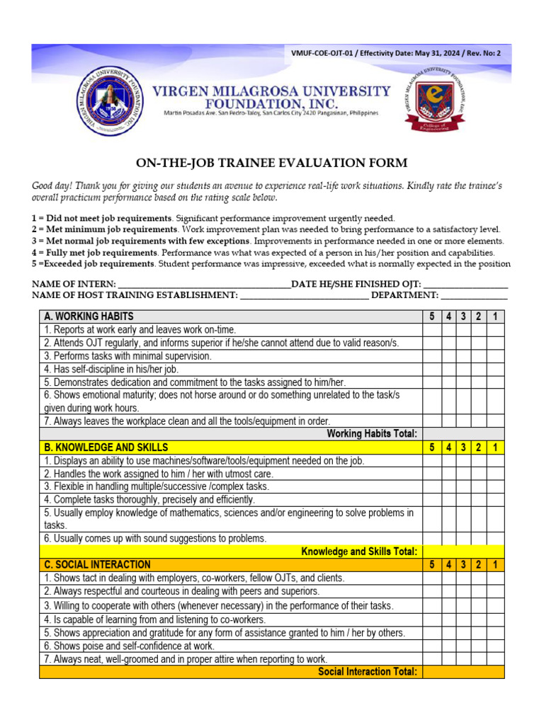 OJT Evaluation Form 2024 | PDF | Learning | Behavioural Sciences