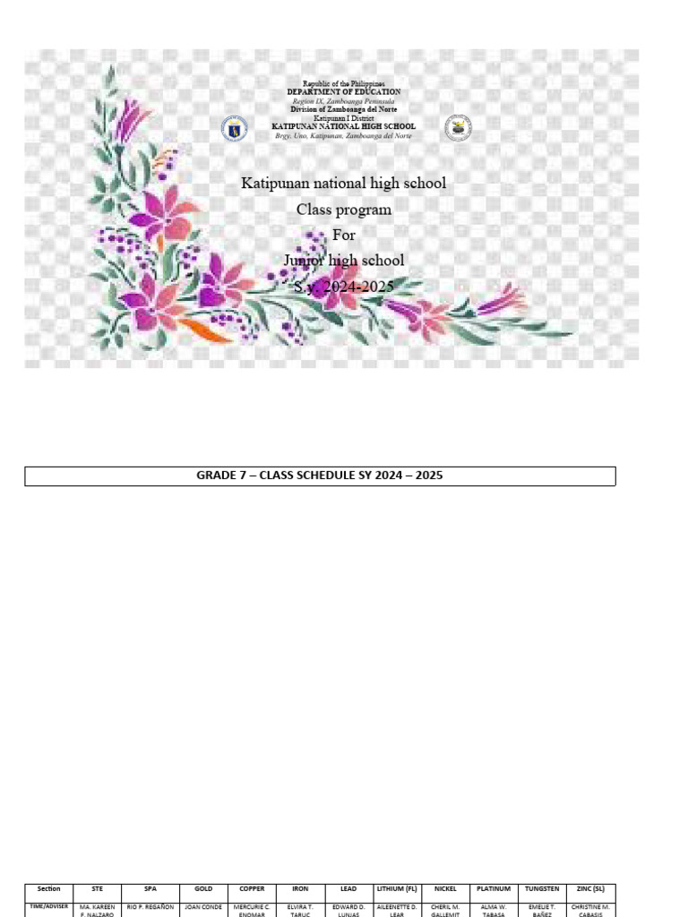 JHS Class Schedule 2024 2025 of Katipunan NHS | PDF | Chemical Elements ...