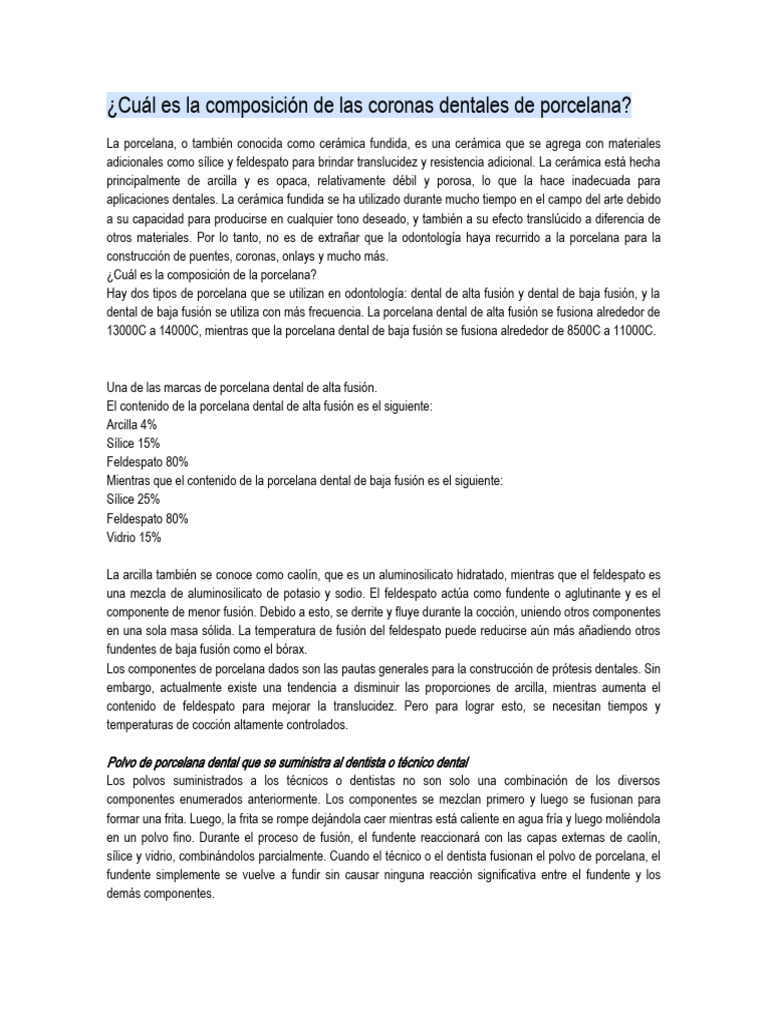 Composición de coronas dentales de porcelana | PDF | Porcelana | Cerámica