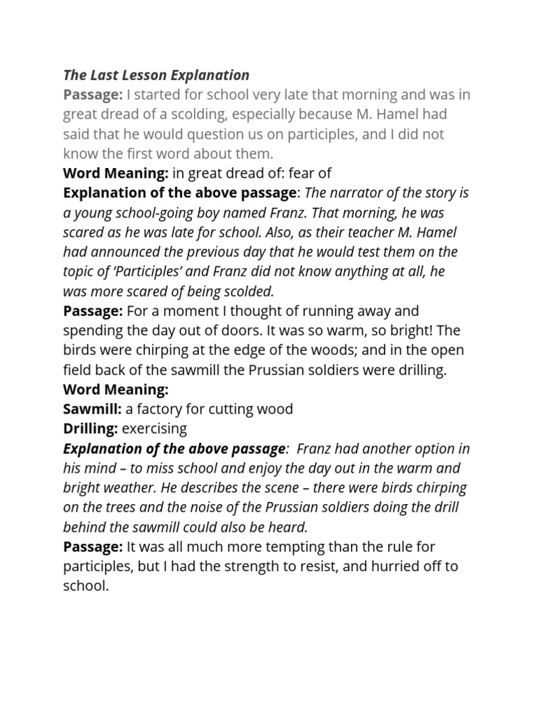 The Last Lesson Explanation | PDF | Poetry
