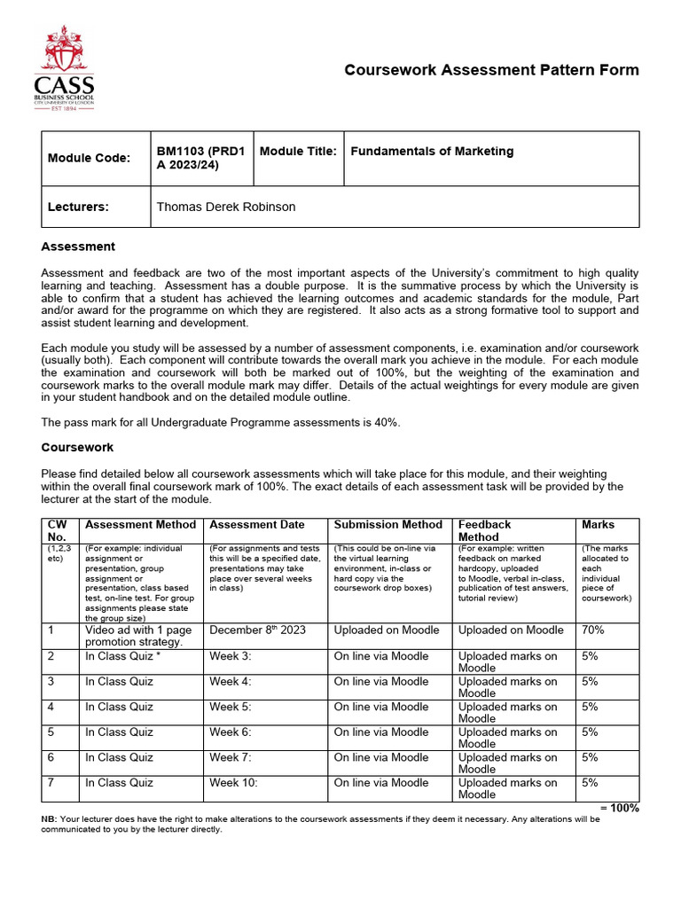 BM1103 Coursework Assessment Pattern Form | PDF | Knowledge | Thought