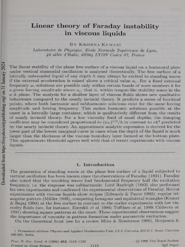 Kumar 1997 Linear Theory of Faraday Instability in Viscous Liquids | PDF | Viscosity | Liquids
