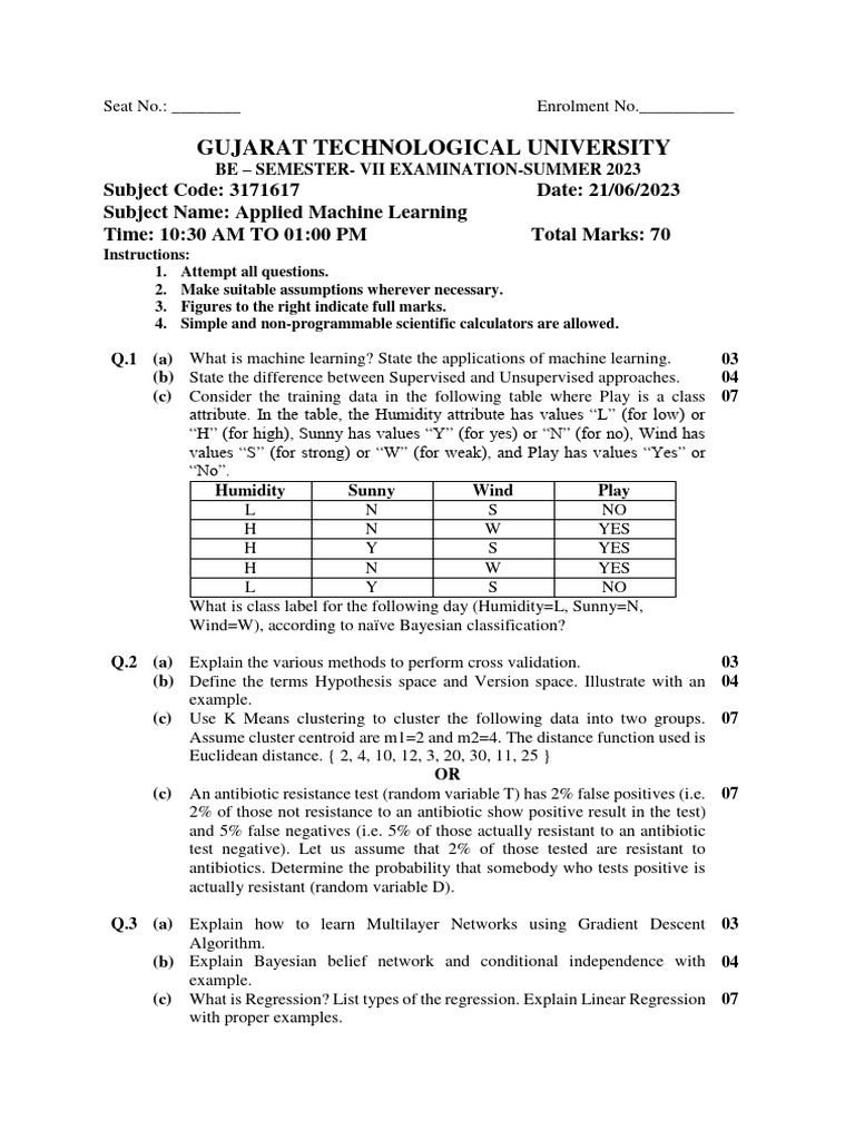Applied Machine Learning Exam Paper | PDF | Cluster Analysis | Machine ...