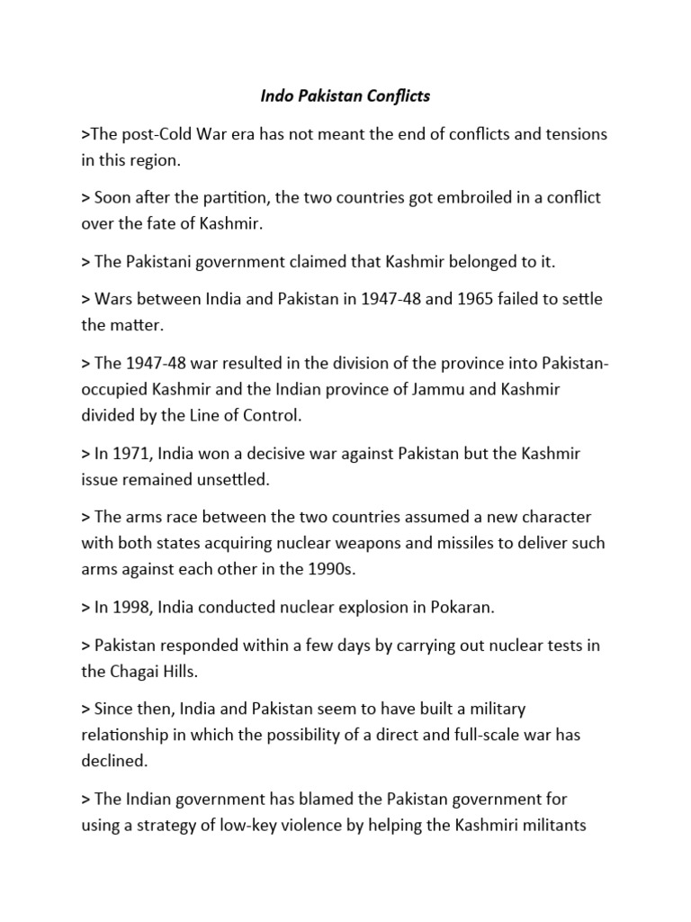 Indo Pakistan Conflicts | PDF | India–Pakistan Relations | Pakistan