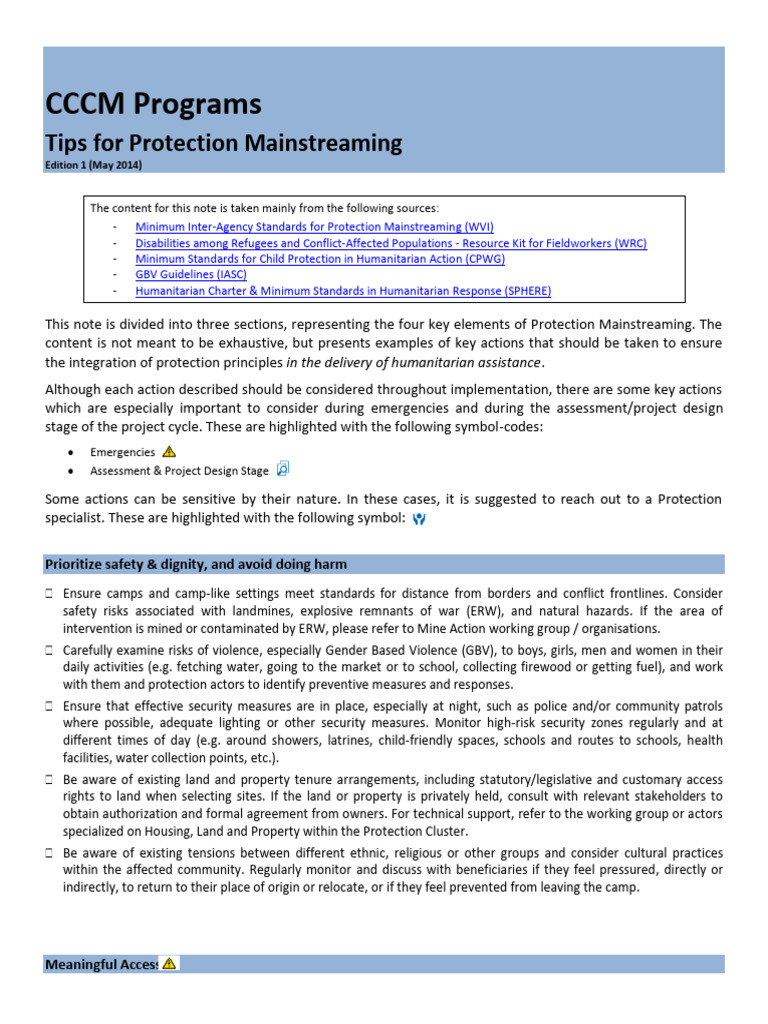 Protection Mainstreaming Tip Sheet - CCCM Programs | PDF | Humanitarian Aid | Violence