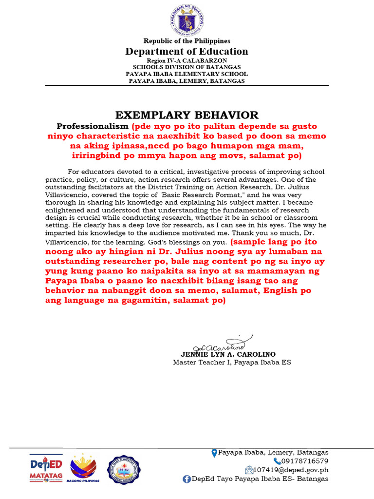 Exemplary Behavior Narrative Template | PDF