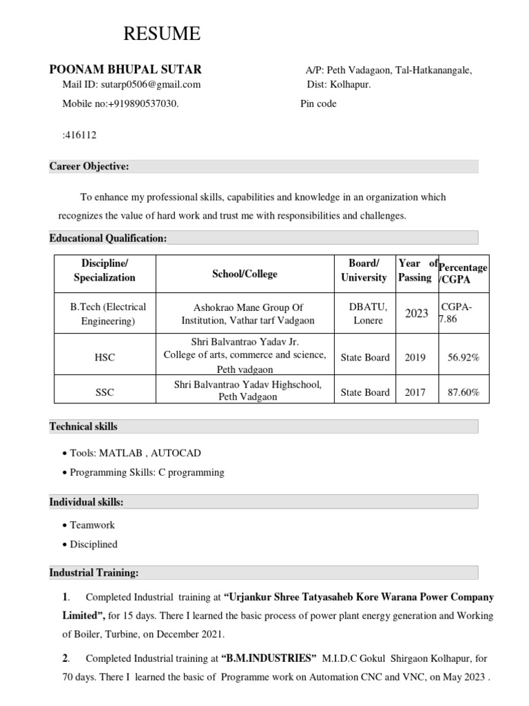 Poonam Bhupal Sutar (CV) | PDF | Engineering