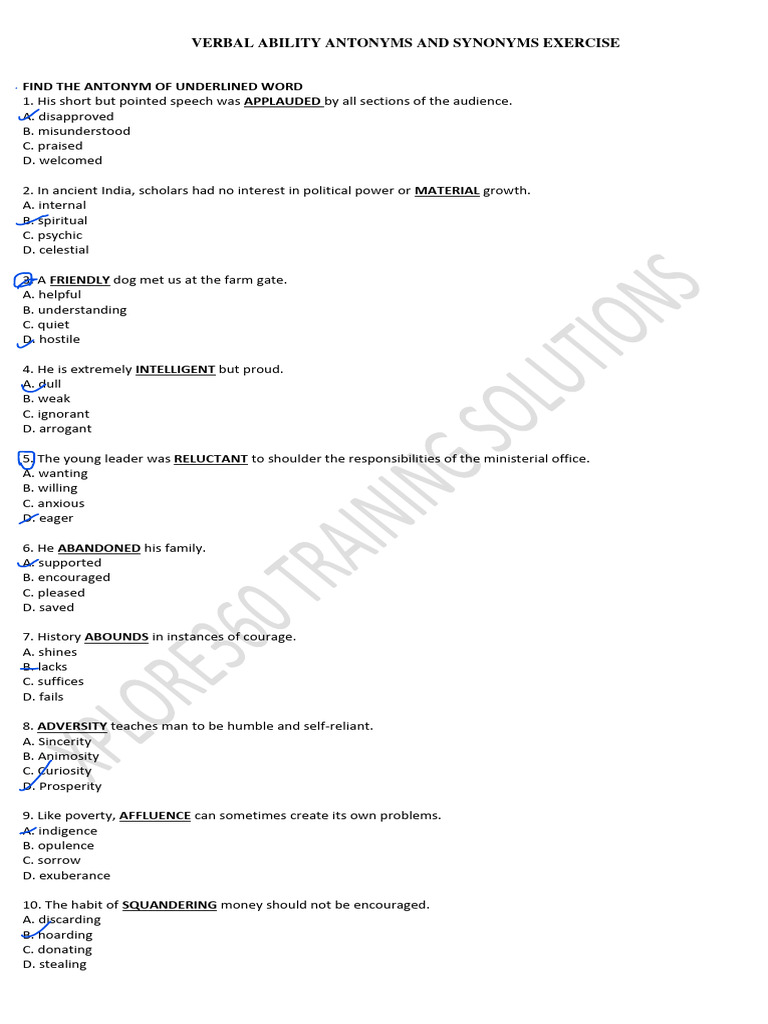 Psit Verbal Ability Antonyms and Synonyms Exercise | PDF