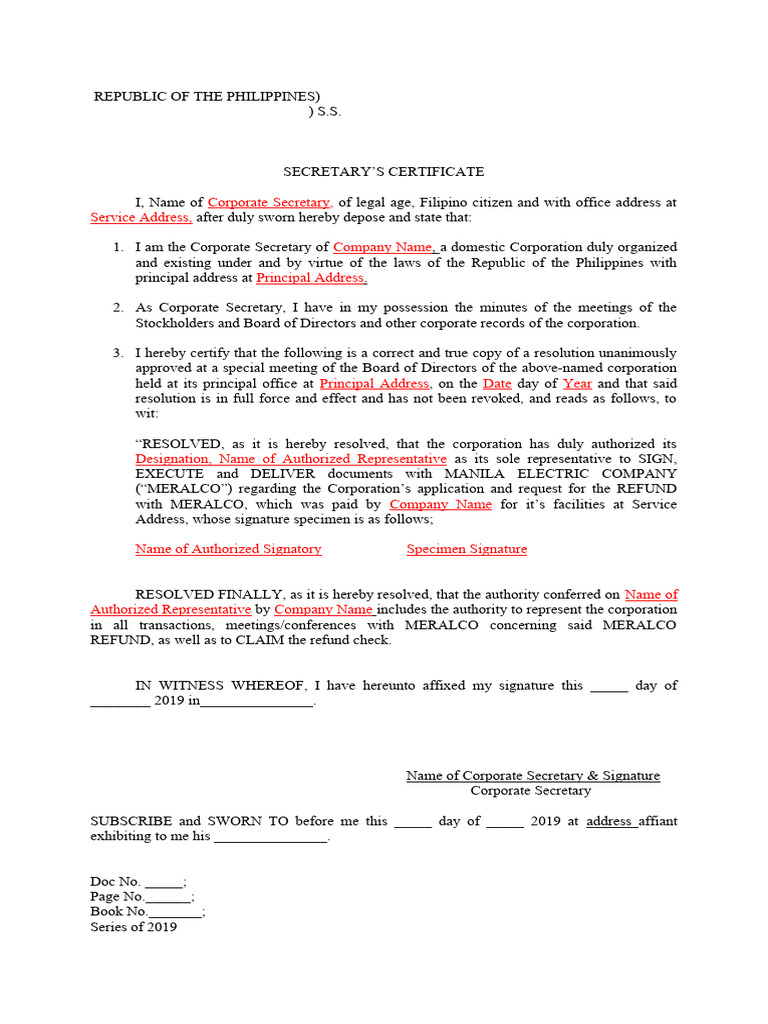 Secretary's Certificate Template - UPDATED | PDF | Law