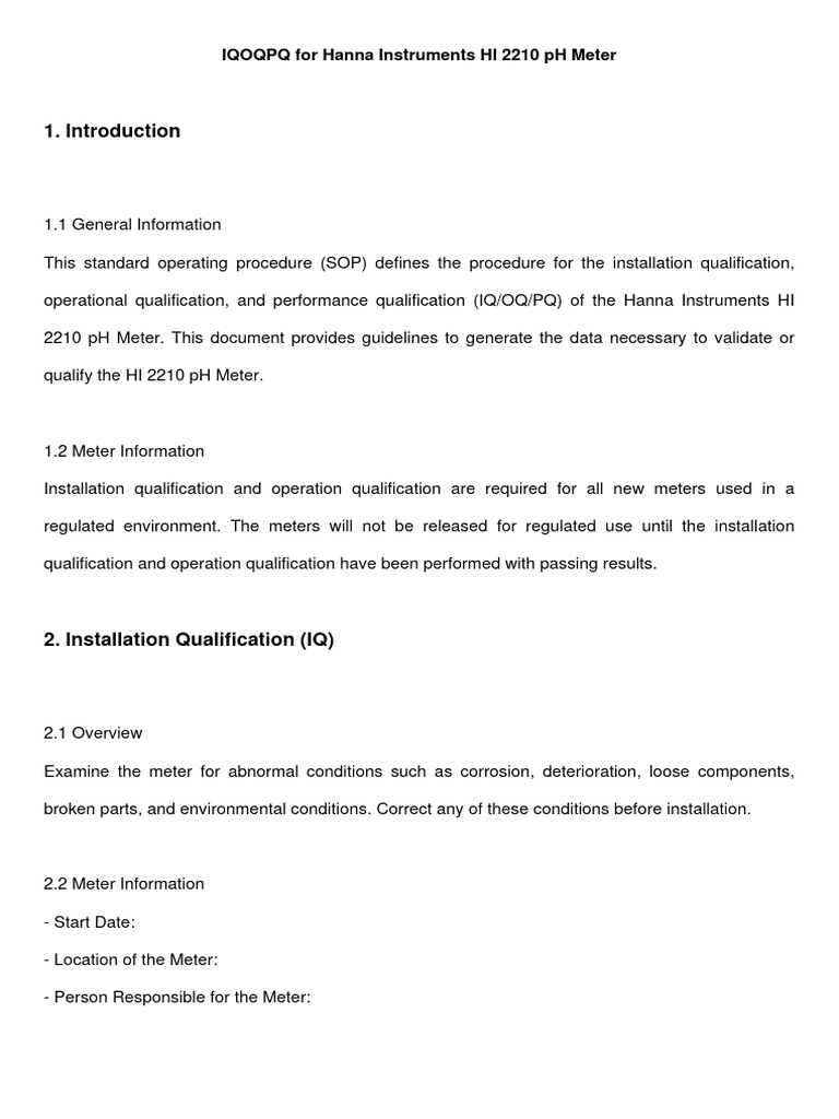 IQ/OQ/PQ Protocol for HI 2210 pH Meter | PDF | Ph | Calibration