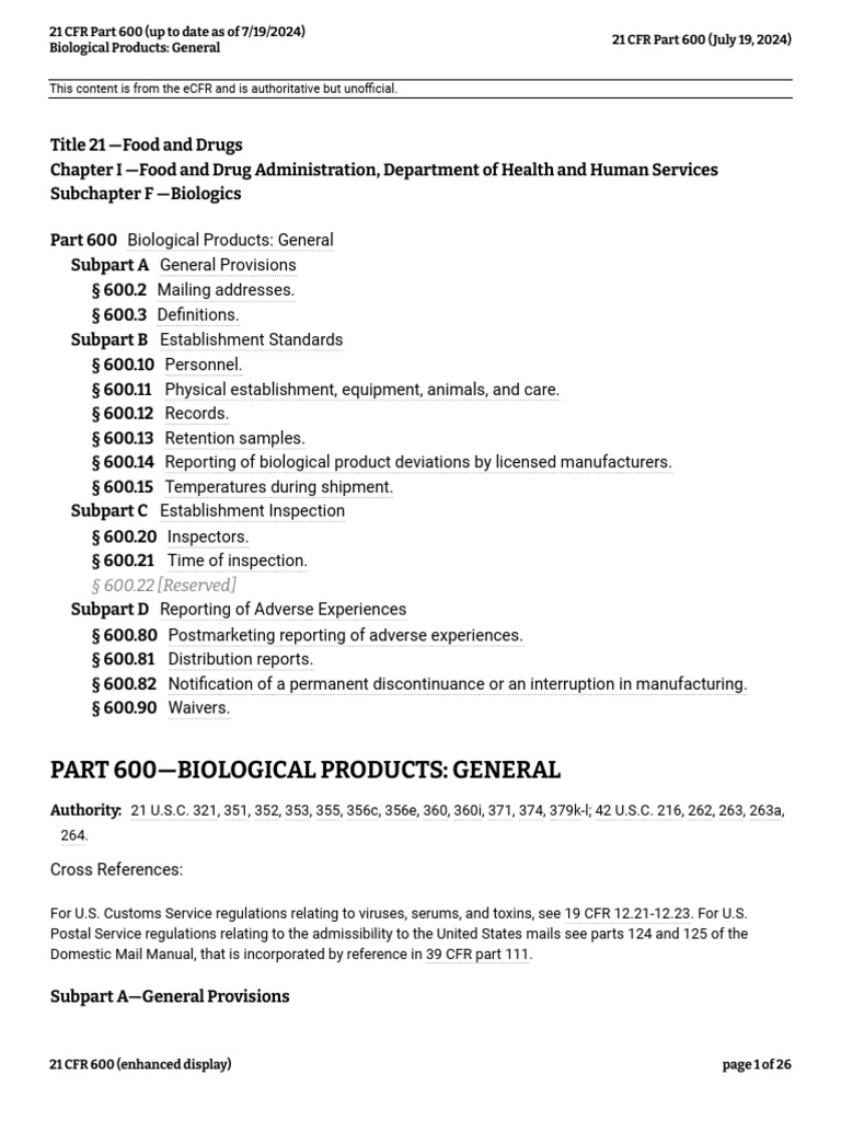 21 CFR Part 600 (Up To Date As of 7-19-2024) | PDF | Vaccines ...