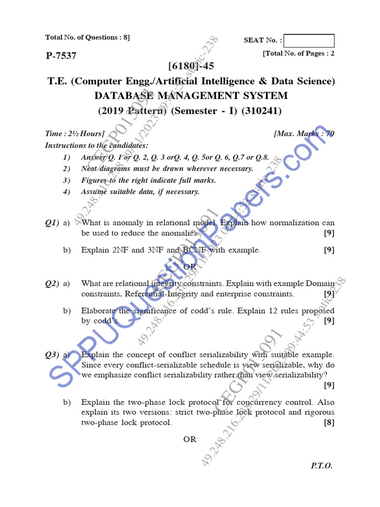 Be Computer Engineering Semester 5 2023 November Database Management Systems Dms Pattern 2019 ...