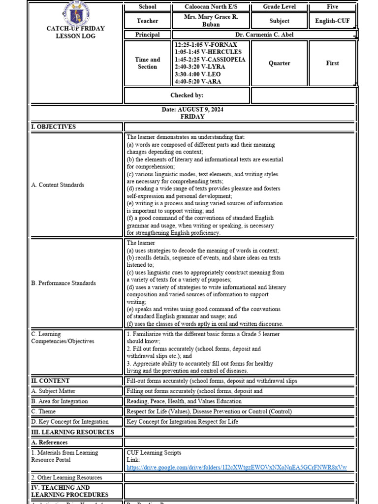 Cuf Skelatal Lesson Log Template | PDF | Learning | Behavior Modification