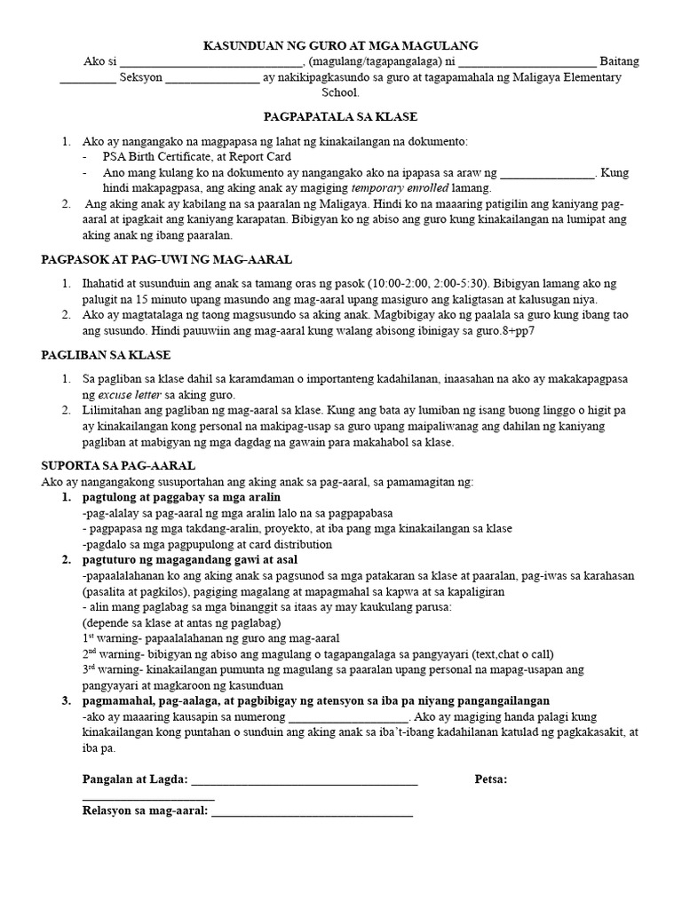 Kasunduan NG Guro at Mga Magulang 1 | PDF