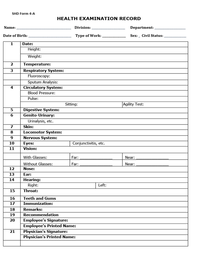 Health Examination Record Form SHD 4-A | PDF