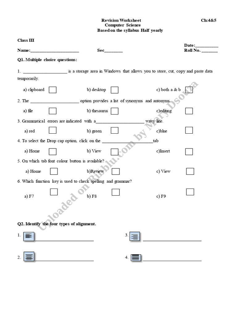Cbse Class 3 Computers Revision Worksheet Half Yearly 2019 | PDF ...