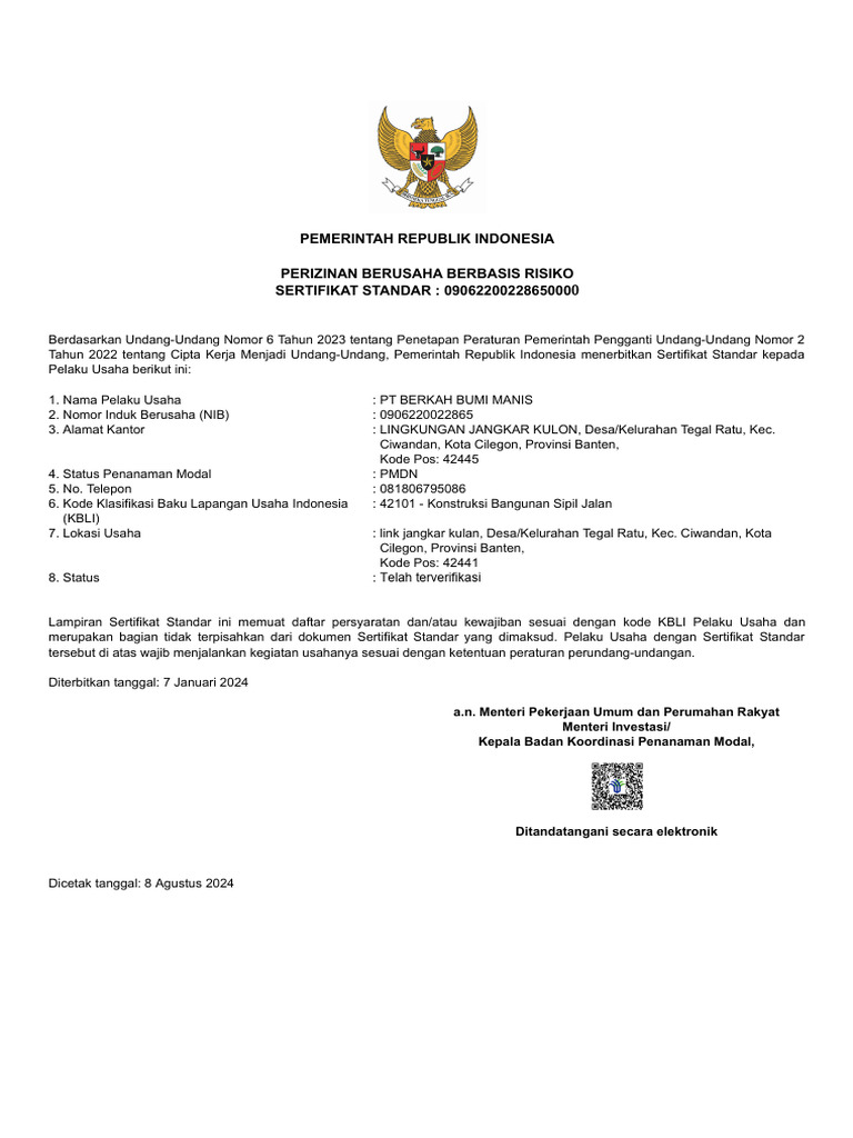 Sertifikat Standar Telah Terverifikasi Kbli 42201 Sbu BS004 PT BBM | PDF | Bisnis | Teknologi ...