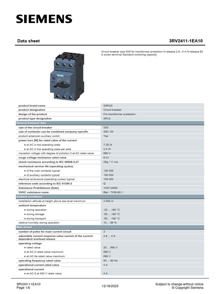 3RV24111EA10 Datasheet en | PDF | Alternating Current | Electronics