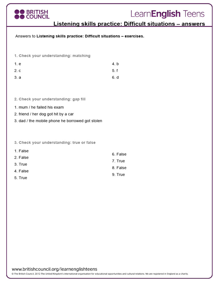 Difficult Situations - Answers 1 | PDF | Language Arts & Discipline