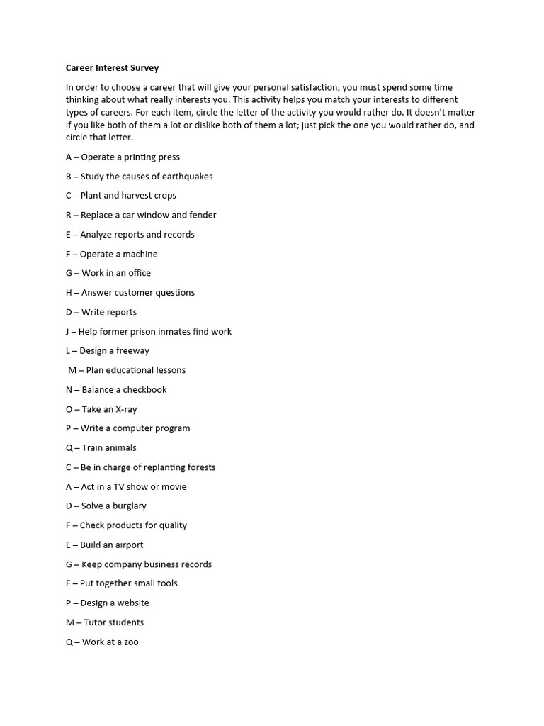 Career Interest Survey | PDF | Interest | Engineering
