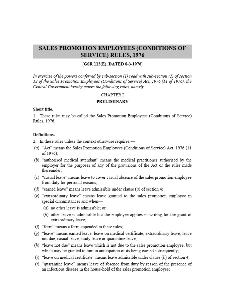 Sales Promotion Employees (COS) Rules 1976 | PDF | Employment | Wage