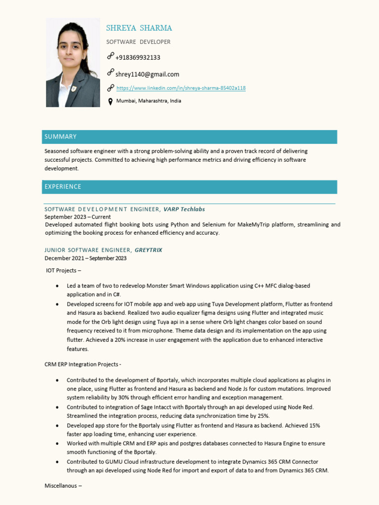 Shreya Sharma Resume | PDF | Computing | Software Engineering