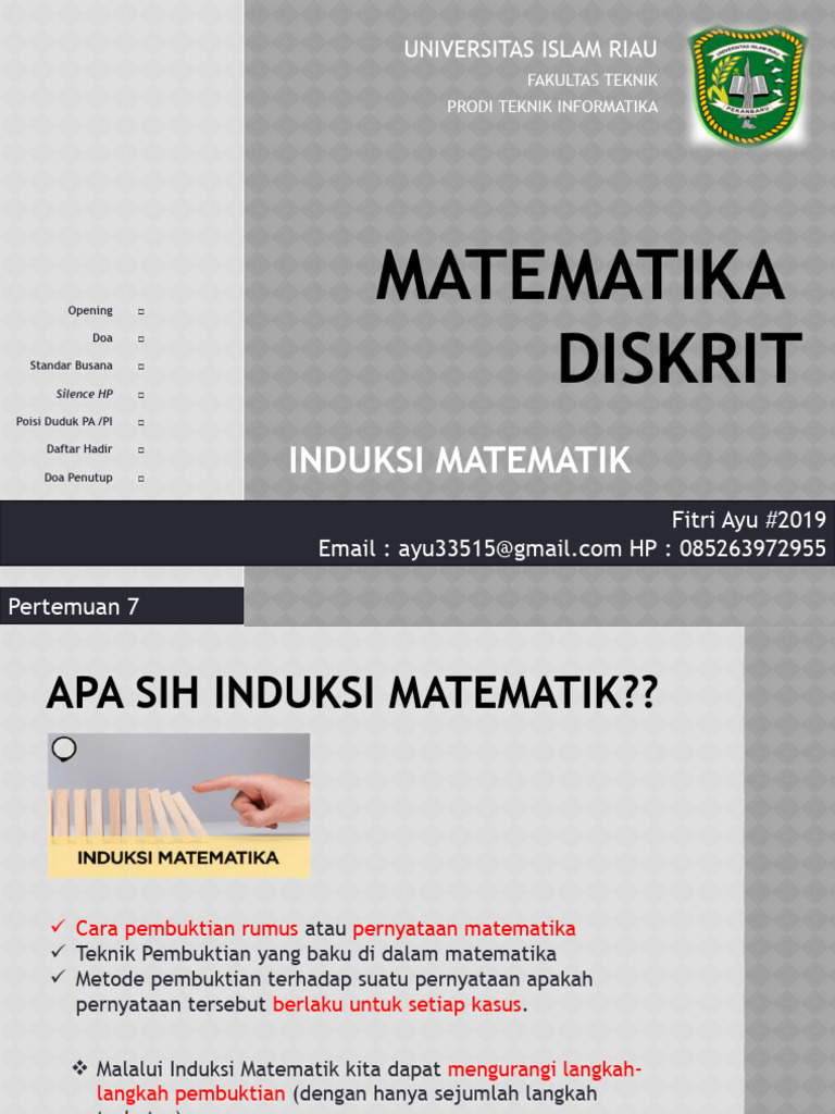 Matematika Diskrit FT TI Pertemuan 9 Induksi MTK | PDF