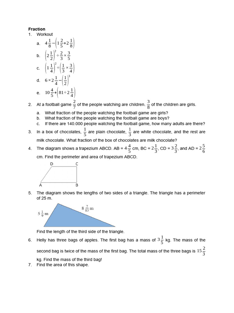 Math Fractions, Sequences, and Probability Exercises | PDF | Shape | Area