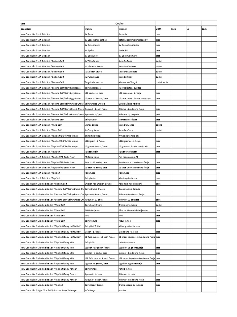 Inventory - Cooler | PDF | Dairy | Cooking